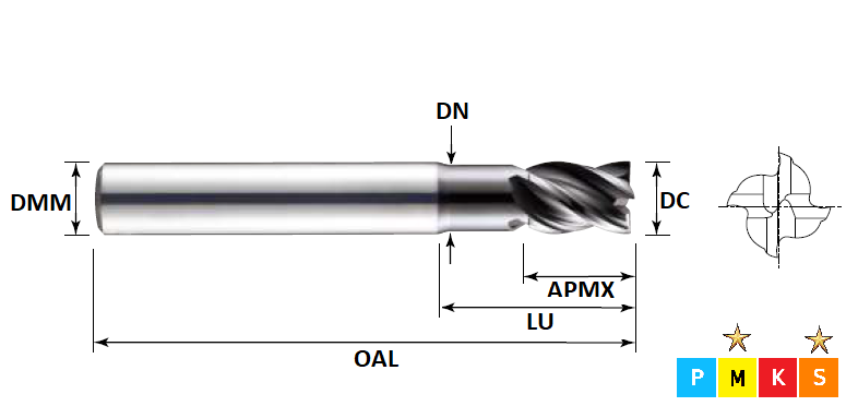 20.0mm 4 Flute (50mm Effective Length) Extended Neck HX2 Carbide End ...